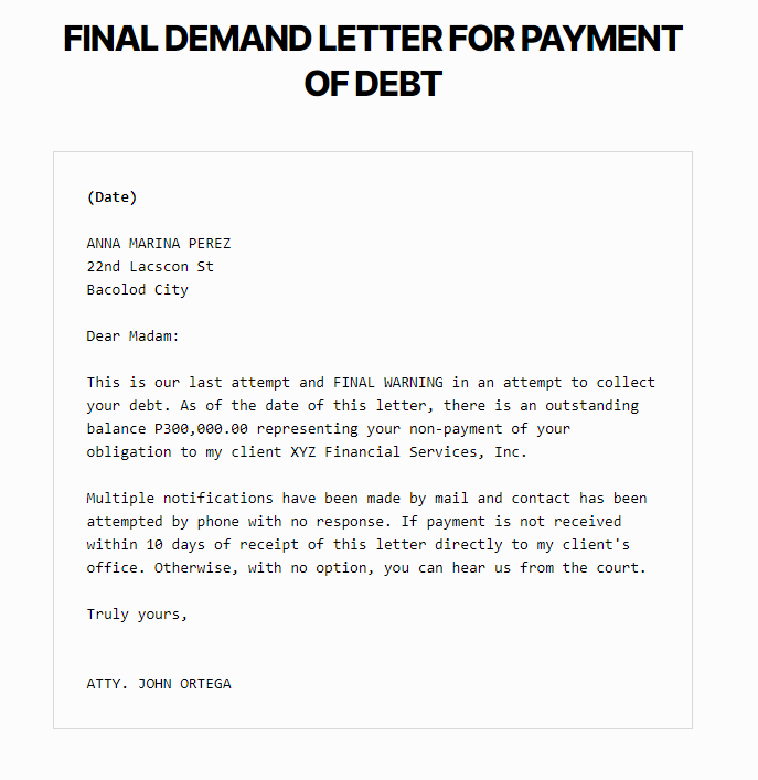 Final Demand Letter for Payment of Debt Philippines - Legal Forms